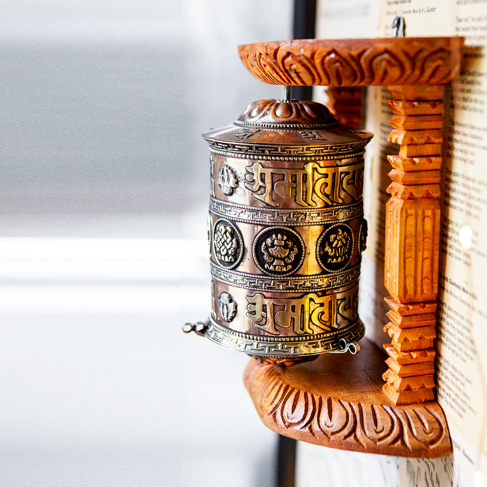 Prayer Wheel with Natural Wood Frame. Mantra of Compassion – DharmaCrafts